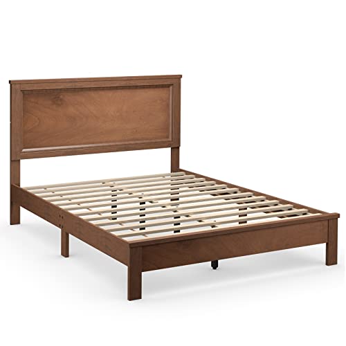 KOMFOTT Wood Full Bed Frame with Headboard, Mid Century Platform Bed with Solid Wood Slats Support & Rubber Wood Legs, Slatted Bed Mattress Foundation, No Box Spring Needed, Easy Assembly