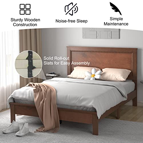 KOMFOTT Wood Full Bed Frame with Headboard, Mid Century Platform Bed with Solid Wood Slats Support & Rubber Wood Legs, Slatted Bed Mattress Foundation, No Box Spring Needed, Easy Assembly