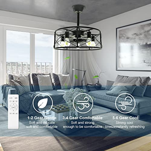 SUNEASY Ceiling Fans with Lights, Modern Caged Black Ceiling Fans with Lights and Remote,Flush Mount & Boom Mount Bladeless Ceiling Fan Light for Living Room Bedroom Kitchen