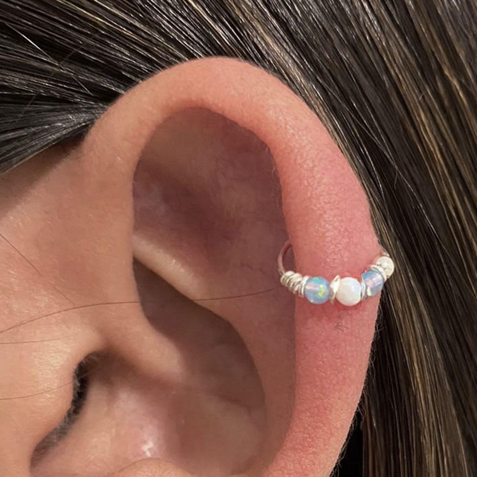 Handmade Silver Single 10MM Cartilgae Helix Piercing Hoop Earring with Trio Blue&White Opal, 925 Sterling Silver Very Small 10MM Thin 22 Gauge Hoop for women, By Miya Jewelry