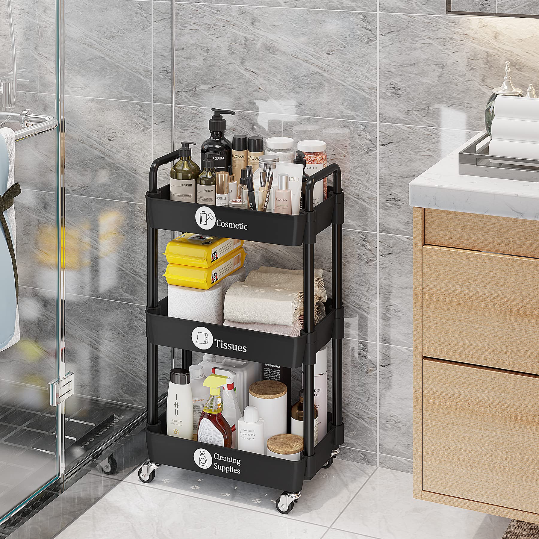 UDEAR 3-Tier Rolling Utility Cart with 12 Category Labels,Multifunctional Comagtable Rolling Shelving with Handle and Lockable Wheels for Room,Office,Kitchen,Bathroom,Black