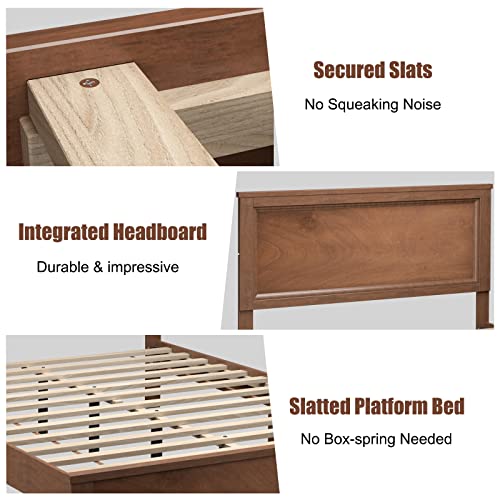 KOMFOTT Wood Full Bed Frame with Headboard, Mid Century Platform Bed with Solid Wood Slats Support & Rubber Wood Legs, Slatted Bed Mattress Foundation, No Box Spring Needed, Easy Assembly