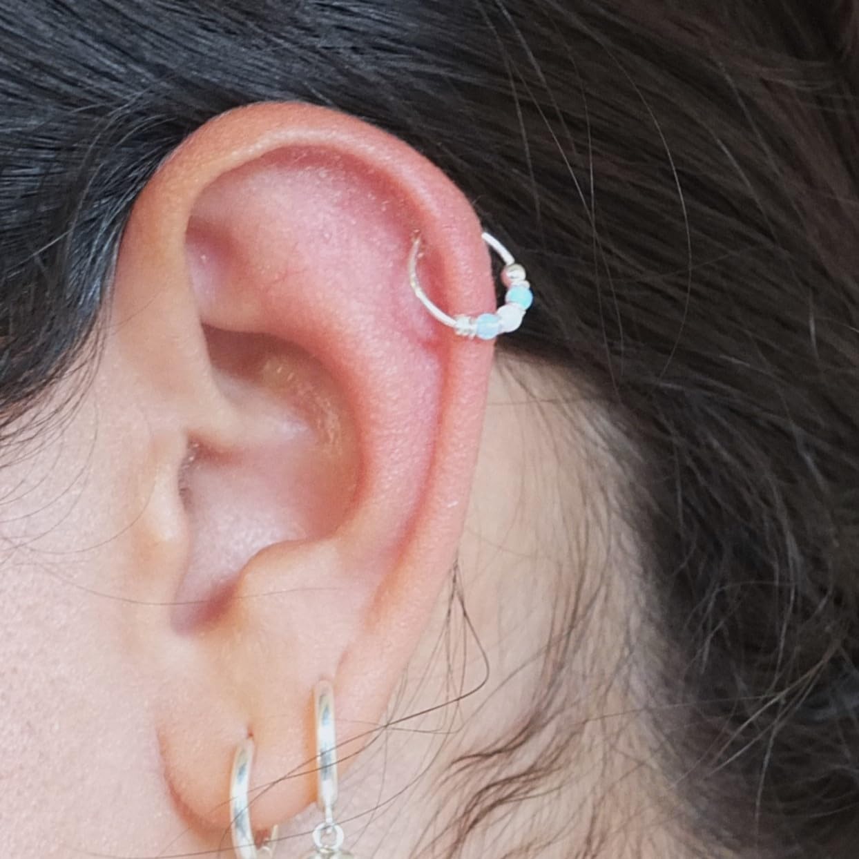 Handmade Silver Single 10MM Cartilgae Helix Piercing Hoop Earring with Trio Blue&White Opal, 925 Sterling Silver Very Small 10MM Thin 22 Gauge Hoop for women, By Miya Jewelry