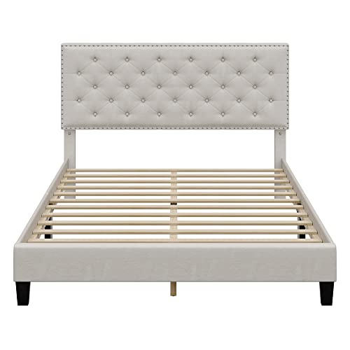 HOSTACK Queen Size Bed Frame, Modern Upholstered Platform Bed with Adjustable Headboard, Heavy Duty Button Tufted Bed Frame with Wood Slat Support, Easy Assembly, No Box Spring Needed (Beige, Queen)