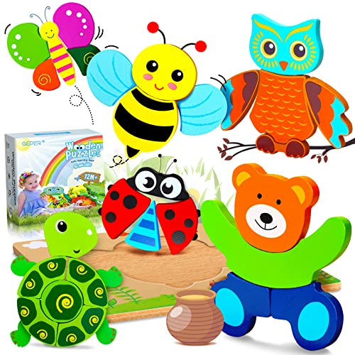 GEPER Wooden Puzzles for Toddlers 1-3, Animal Shape Toddler Puzzles Montessori Toy for 1 2 3 Year Old Boys Girls, Learning Educational Toys for Toddlers Early Development and Activity Toys Gifts
