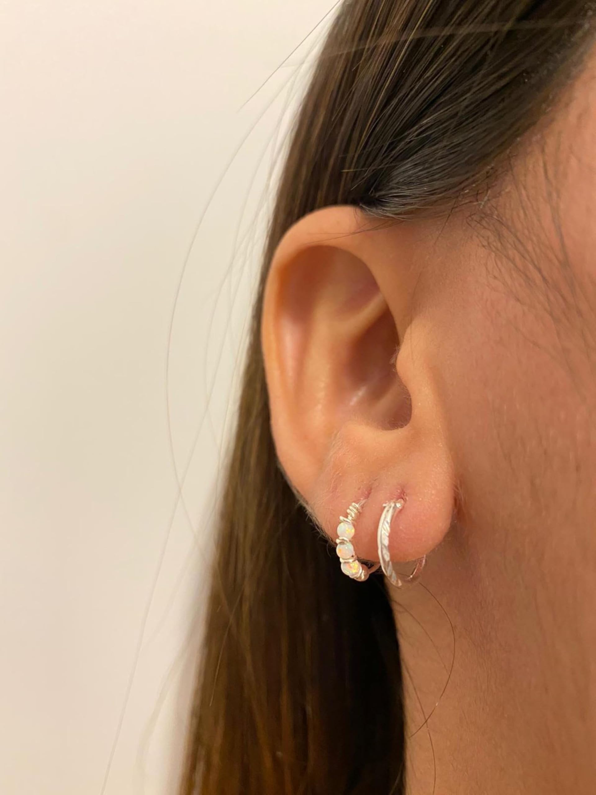 Handmade Silver Single 10MM Cartilgae Helix Piercing Hoop Earring with Trio Blue&White Opal, 925 Sterling Silver Very Small 10MM Thin 22 Gauge Hoop for women, By Miya Jewelry