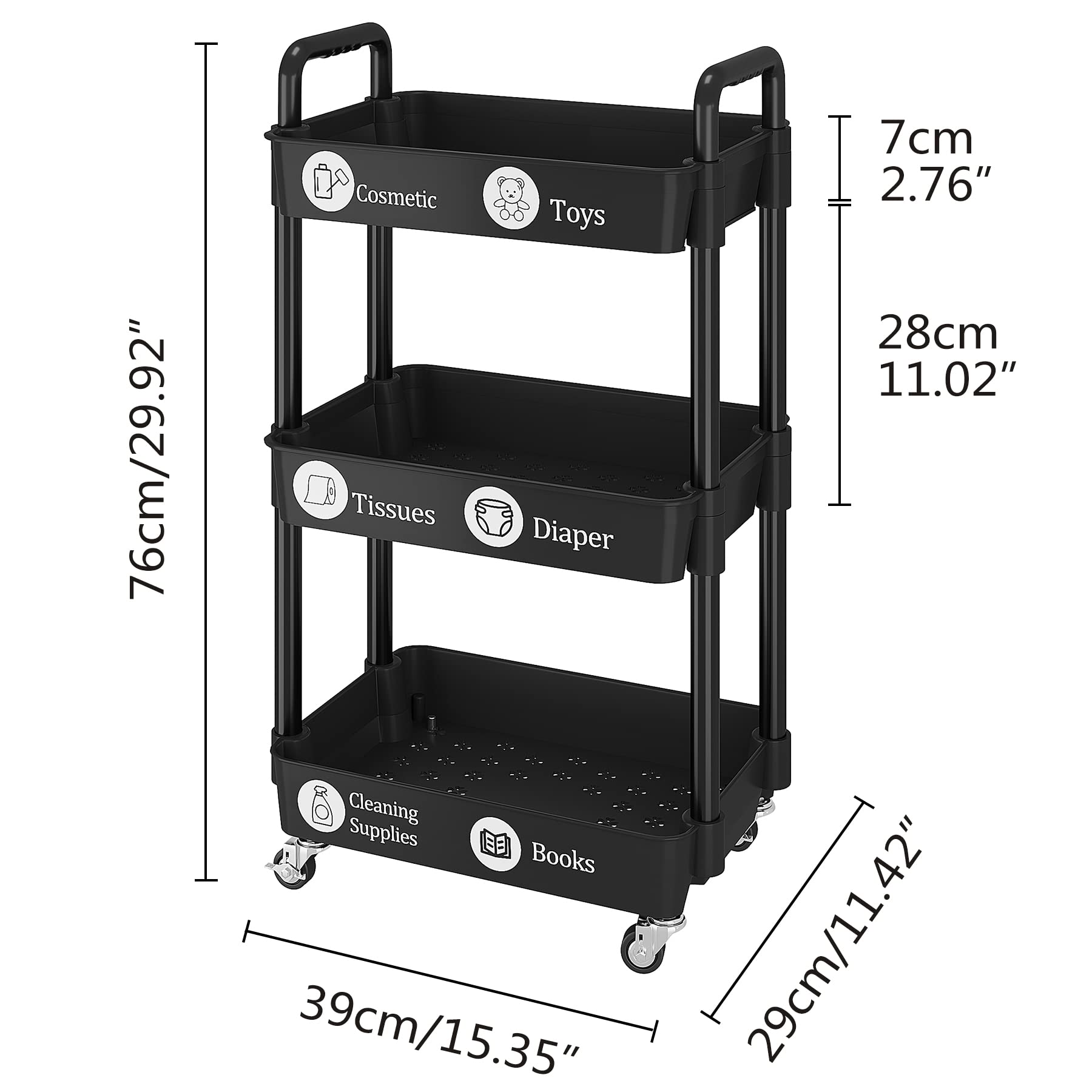 UDEAR 3-Tier Rolling Utility Cart with 12 Category Labels,Multifunctional Comagtable Rolling Shelving with Handle and Lockable Wheels for Room,Office,Kitchen,Bathroom,Black