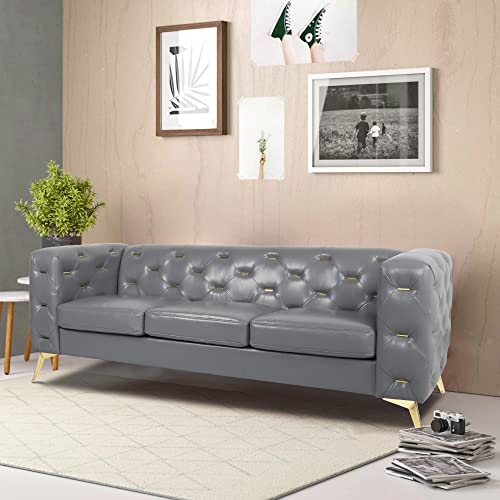 QHITTY Chesterfield Sofa, 84'' Modern 3 Seater Accent Leather Couch with Square Arms and Metal Tufted Button, Metal Legs for Living Room, Office, Bedroom (Grey)…