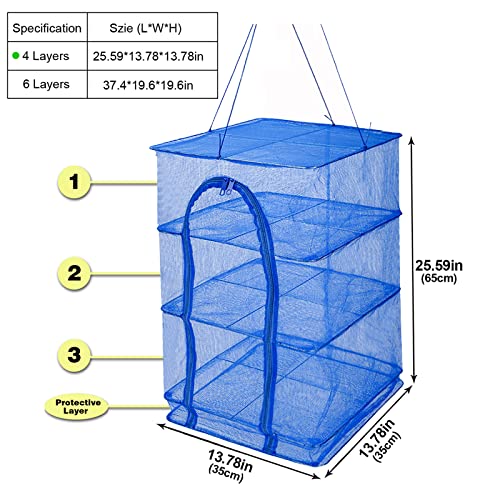 WEISGJA Drying Rack 4 Layers Folding Fish Mesh, Foldable Nylon Netting, Hanging Drying Fish Net, for Shrimp Fish Fruit Vegetables Herb, with Zipper Opening-Blue (25.59X13.78X13.78 in)…