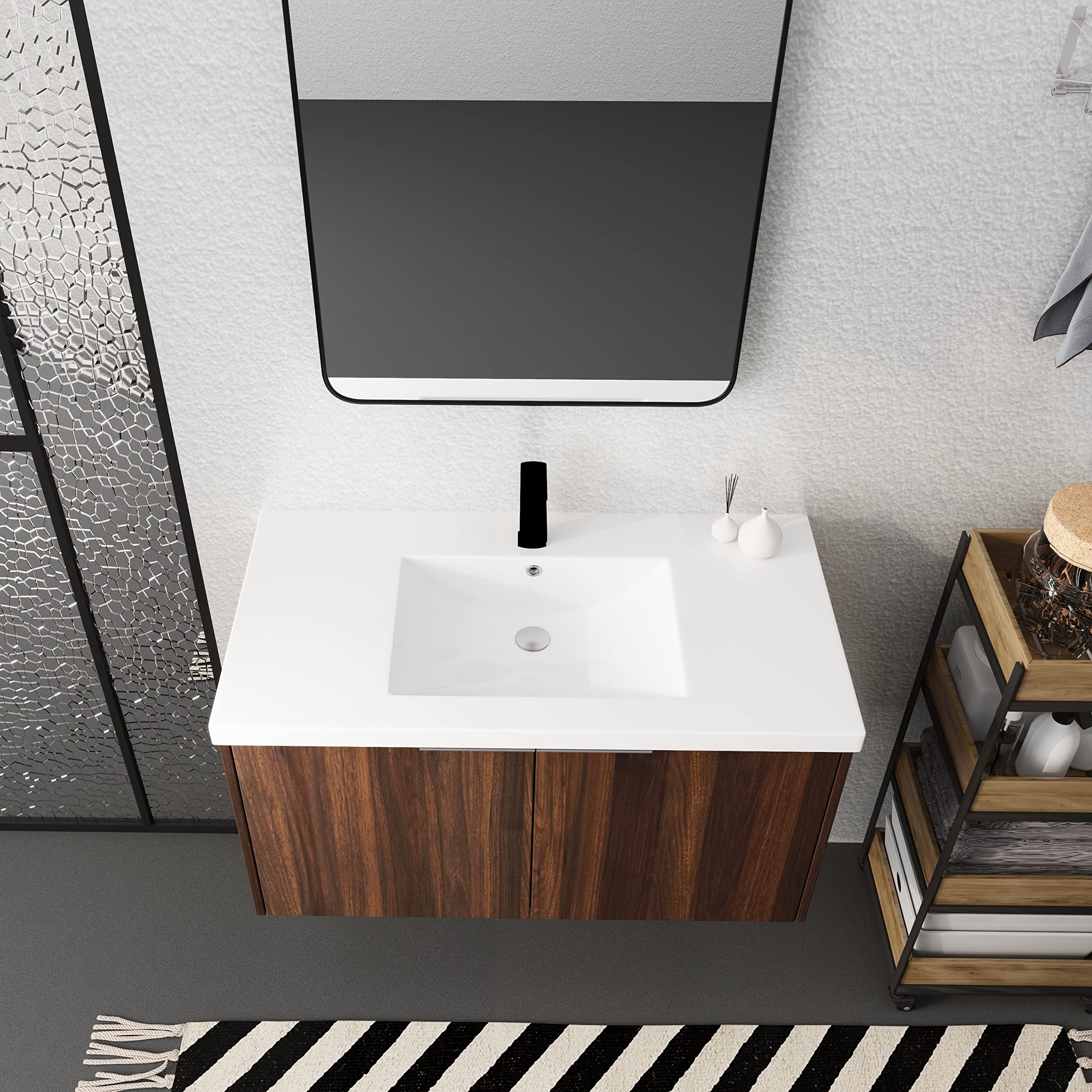 Float Mounting Bathroom Vanity with Sink - 36 Inch Wood Hanging Bath Cabinet with Sink, Soft Close Doors, Modern Bathroom Vanity Set with Top Basin & Storage Cabinet for Apartment Dorm