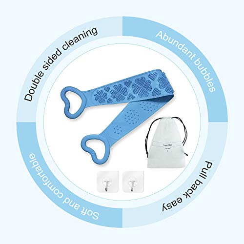 Silicone Back Scrubber for Shower, YUSERBO Silicone Bath Body Brushes, Heart-Shaped Handle and Lucky Four Leaf Clover Double Side Brush, Exfoliating Body Scrubber, Deep Clean and Relax Body Blue