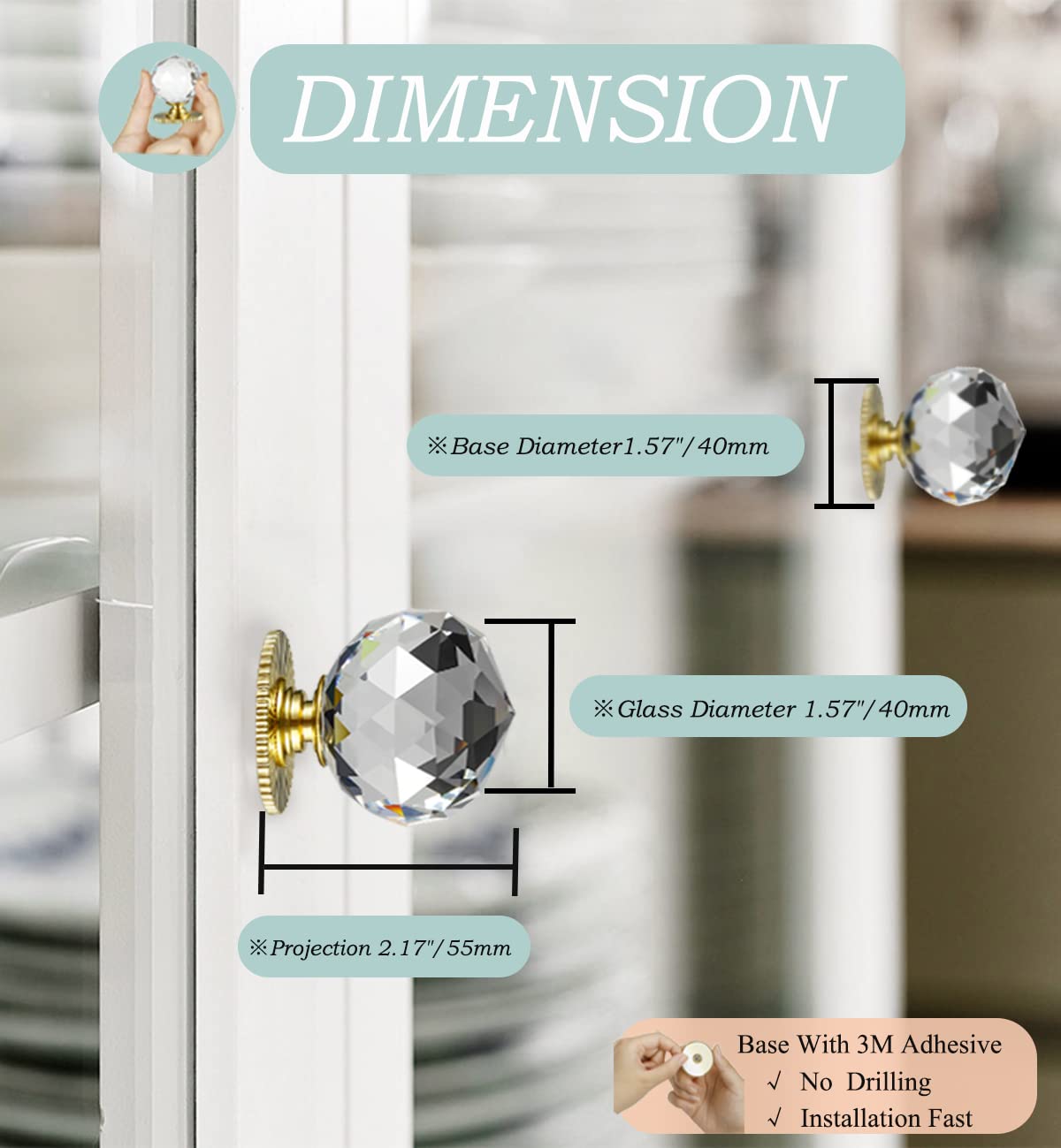 Stargallery Round Crystal Self Stick Knobs 1-3/5 Inch 40mm Diameter Crystal Knobs Cabinet Knobs Replacement Knob with Adhesive for Cabinet Mirror Cupboard Window Glass Sliding Door Drawer (2, Sliver)