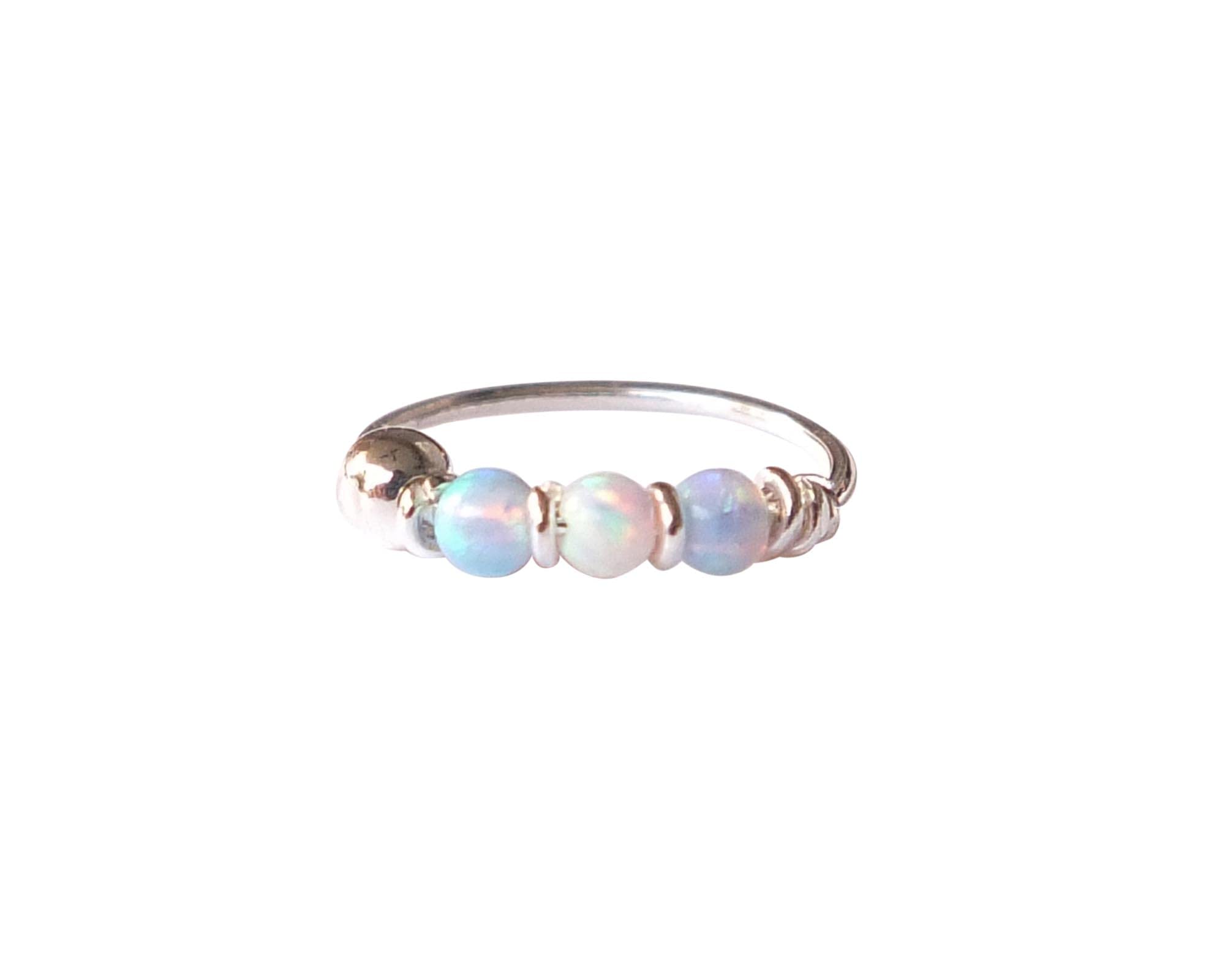 Handmade Silver Single 10MM Cartilgae Helix Piercing Hoop Earring with Trio Blue&White Opal, 925 Sterling Silver Very Small 10MM Thin 22 Gauge Hoop for women, By Miya Jewelry