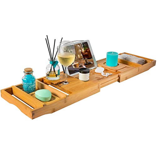 Bomba Bathtub Caddy – Natural Bamboo Bathtub Tray with Soap Holder – Durable Anti-Slip Bathtub Caddy Organizer – Extendable Bathroom Tray – Eco-Friendly and Safe Bamboo Organizer Tray
