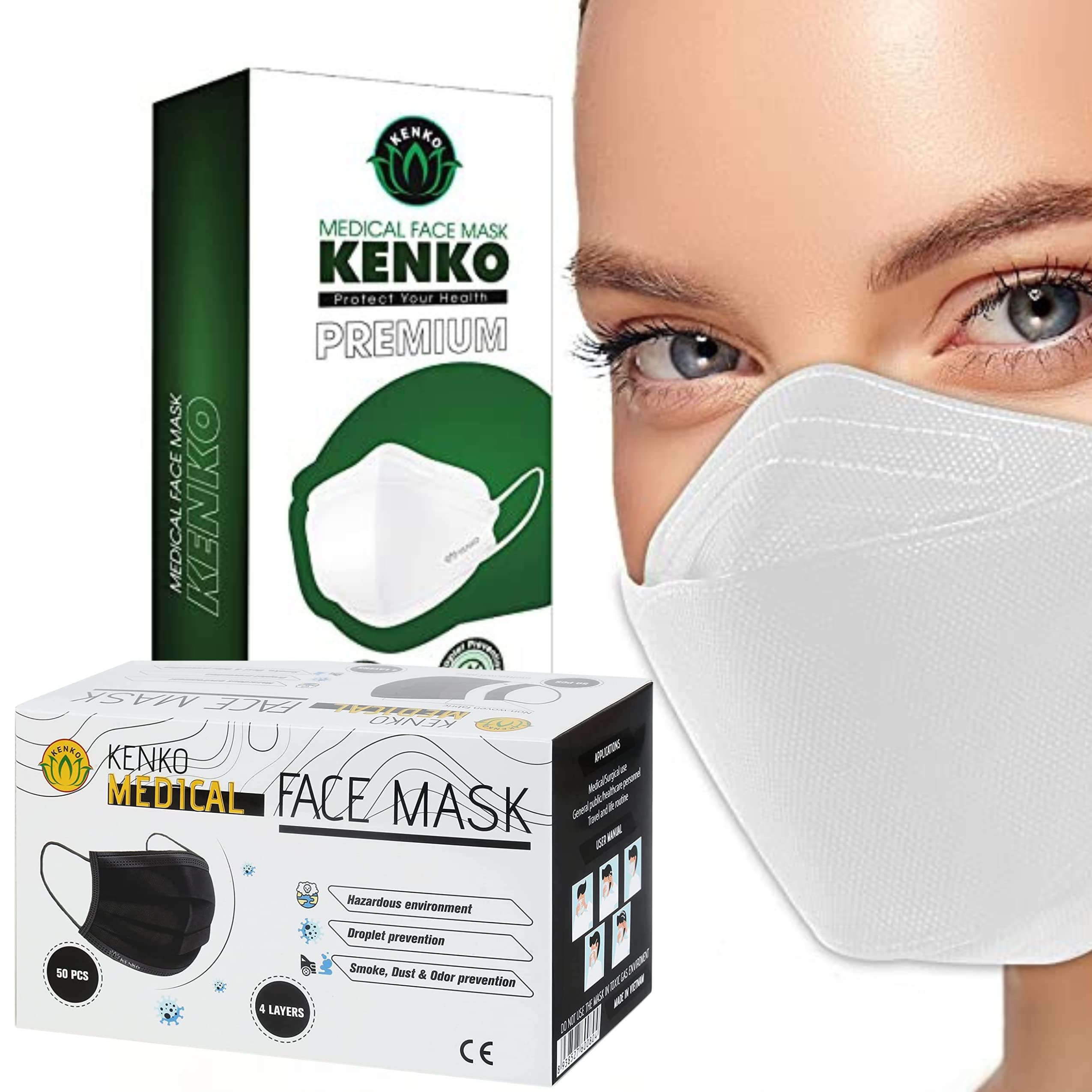 Kenko 4-ply MEDICAL, Level 2 ASTM F2100-19 passe Safety Face Mask (50, Black) Medical Fashionable 4-ply Disposable Safety Breathable White Elastic Ear Loops 4D Protection Mask (WHITE,20)