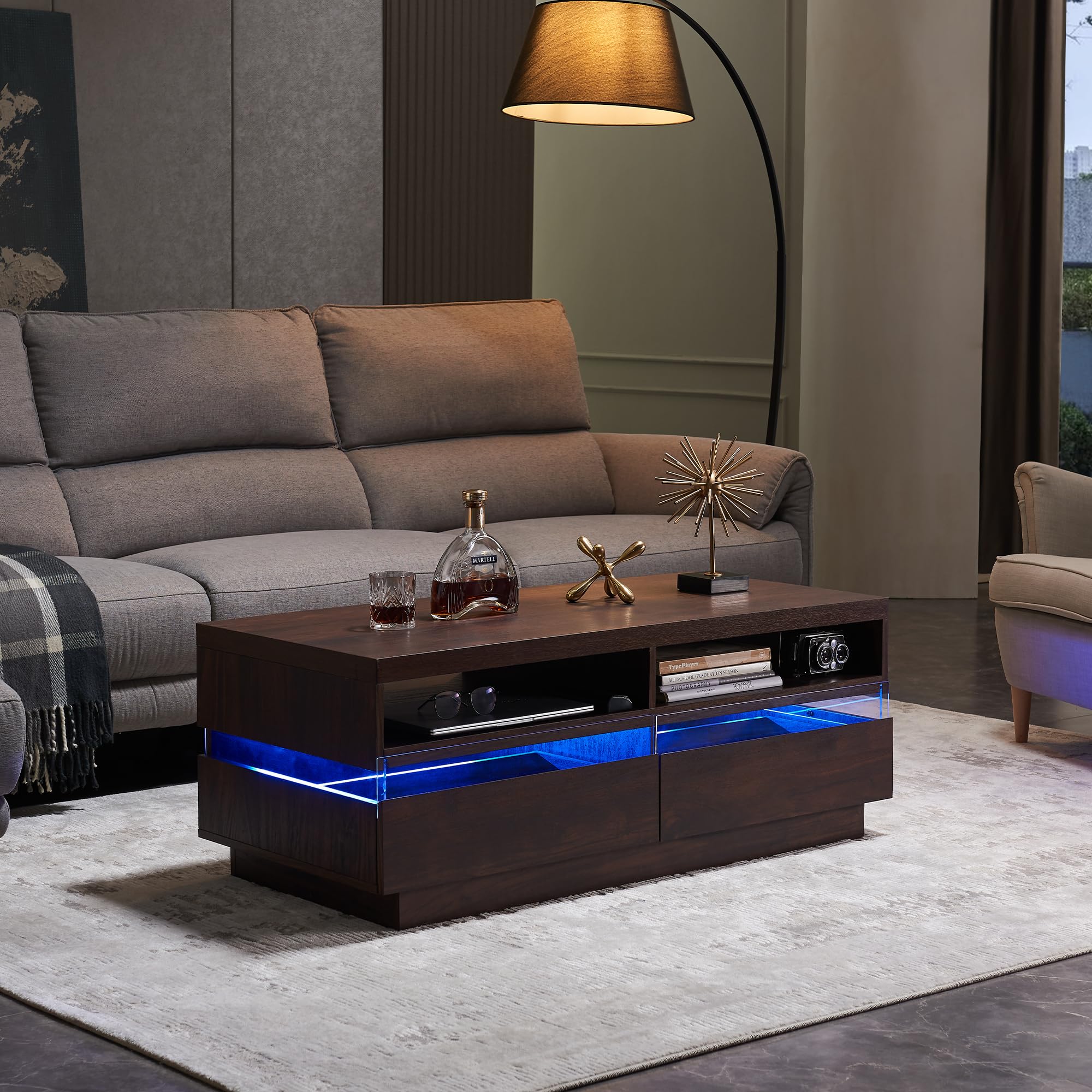T4TREAM 48" LED Coffee Table with Storage, Modern Center Table with LED Lights & Power Strip, Coffee Table with Drawers for Living Room, Easy Assembly, Dark Walnut