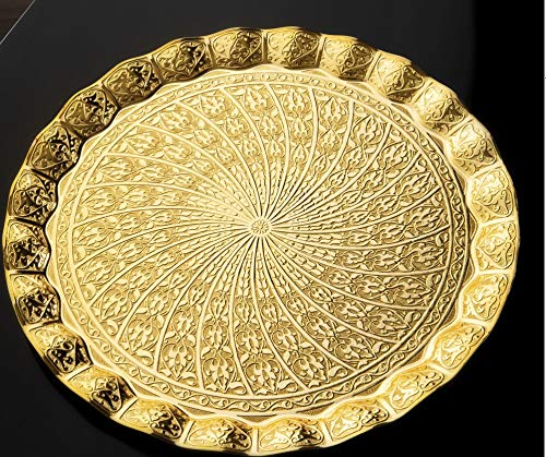 LaModaHome Golden Tea Coffee Serving Tray Set - VIP Special Serving Turkish, Arabic, Moroccan Coffee Tray Gold Plated Ottoman Serving Tray 35 cm