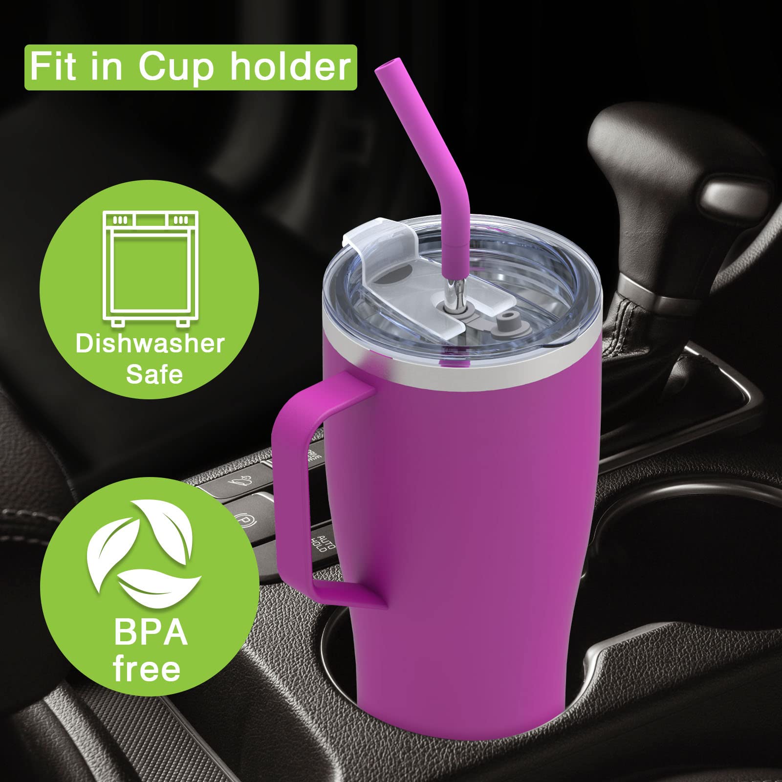 Zukro 32 oz Tumbler with Handle and Straw, No Sweat Double Wall Insulated Stainless Steel Cup with 2 Lids, Leakproof Travel Mug, Keep Drinks Cold 24 Hrs, Dishwasher Safe, Fit in Cup Holder, Pink