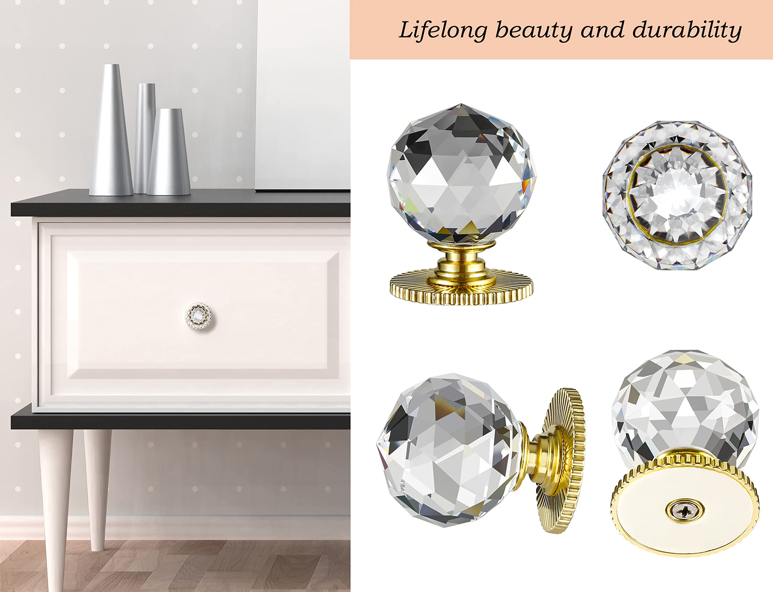 Stargallery Round Crystal Self Stick Knobs 1-3/5 Inch 40mm Diameter Crystal Knobs Cabinet Knobs Replacement Knob with Adhesive for Cabinet Mirror Cupboard Window Glass Sliding Door Drawer (2, Sliver)