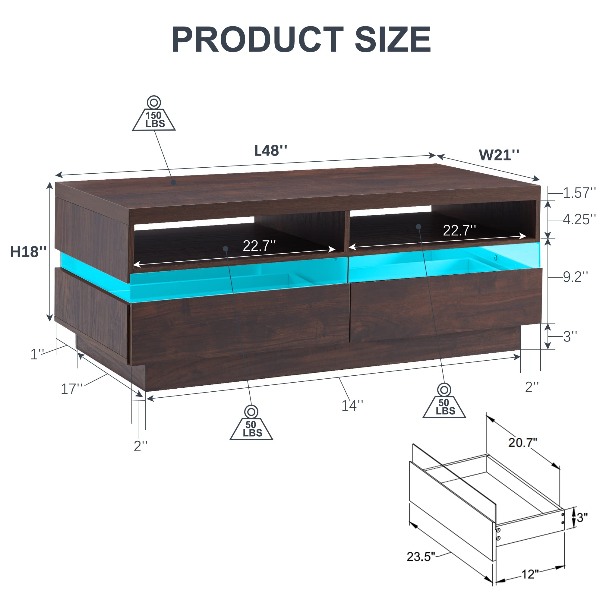 T4TREAM 48" LED Coffee Table with Storage, Modern Center Table with LED Lights & Power Strip, Coffee Table with Drawers for Living Room, Easy Assembly, Dark Walnut
