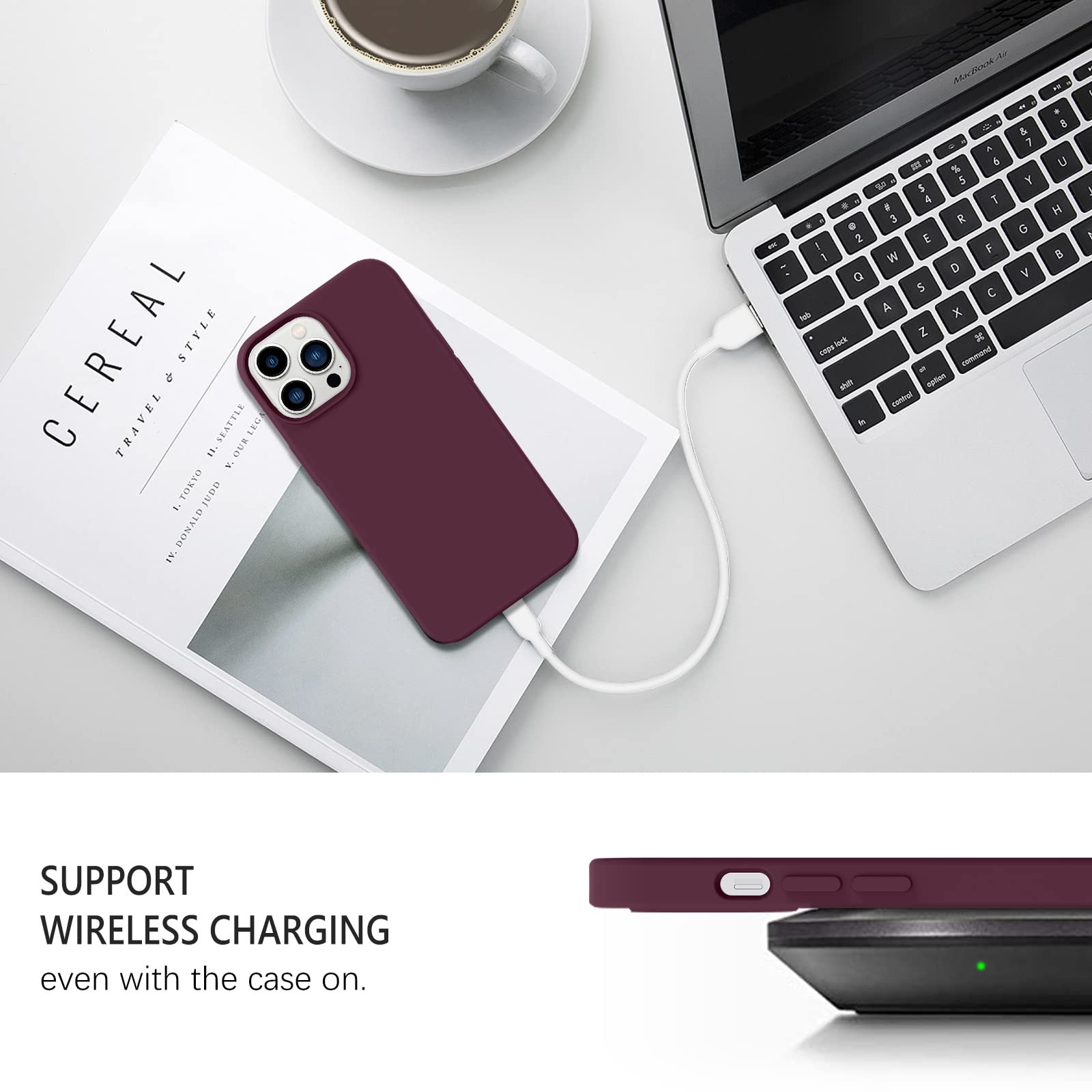 GUAGUA Compatible with iPhone 13 Pro Max Case 6.7 Inch Liquid Silicone Soft Gel Rubber Slim Microfiber Lining Cushion Texture Cover Shockproof Protective Phone Case for iPhone 13 Pro Max, Plum Red