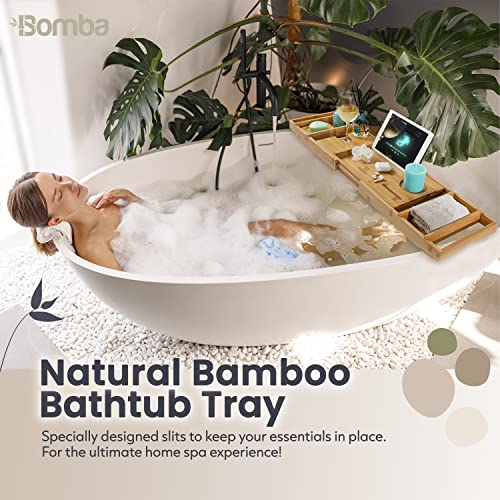 Bomba Bathtub Caddy β Natural Bamboo Bathtub Tray with Soap Holder β Durable Anti-Slip Bathtub Caddy Organizer β Extendable Bathroom Tray β Eco-Friendly and Safe Bamboo Organizer Tray