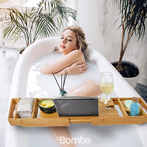 Bomba Bathtub Caddy β Natural Bamboo Bathtub Tray with Soap Holder β Durable Anti-Slip Bathtub Caddy Organizer β Extendable Bathroom Tray β Eco-Friendly and Safe Bamboo Organizer Tray