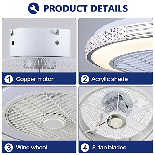 MADSHNE 20" Modern Low Profile Ceiling Fans with Lights and Remote, Flush Mount Bladeless Ceiling Fans with Dimmable LED, Small White Enclosed Bedroom Ceiling Fans