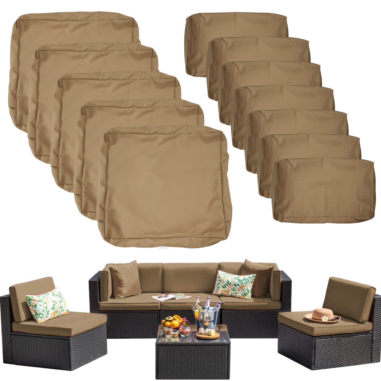 ClawsCover 12Pack Outdoor Seat and Back Cushions Replacement Covers Fit for 6Pieces 5-Seater Wicker Rattan Patio Furniture Conversation Set Sectional Couch Chairs,Taupe-Include Cover Only