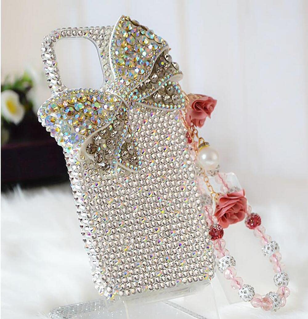 redecarie Cute Bow Case for Samsung Galaxy S9 Plus,Bling Glitter Diamond Crystal Rhinestone Women Girls Kids Shiny Sparkle with Flowers Lanyard Clear Protective Phone Case,Silver Bow