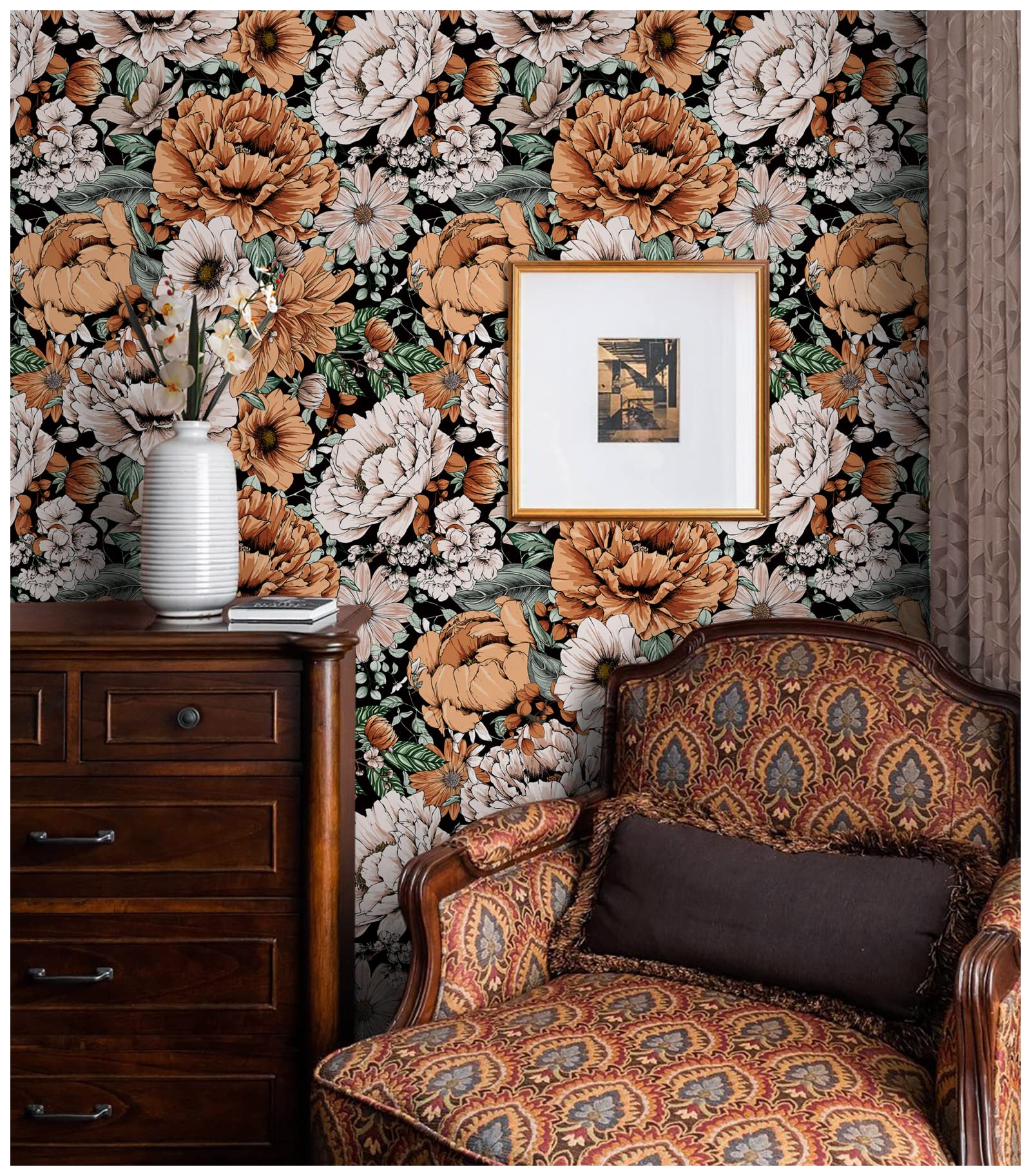 HAOKHOME Vintage Peel and Stick Floral Wallpaper Removable Large Peony Black/Orange/Pink Vinyl Self Adhesive Mural 17.7in x 6.5ft