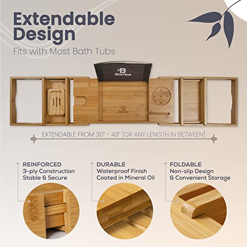 Bomba Bathtub Caddy β Natural Bamboo Bathtub Tray with Soap Holder β Durable Anti-Slip Bathtub Caddy Organizer β Extendable Bathroom Tray β Eco-Friendly and Safe Bamboo Organizer Tray