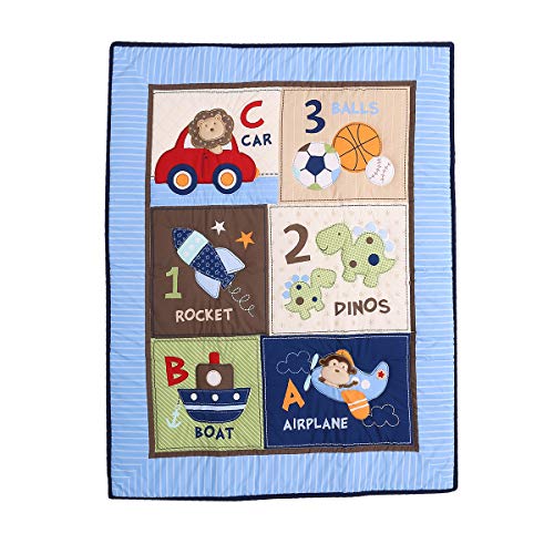 4 PCs Blue Car Theme Nursery Crib Bedding Set Baby Boy Blue Car Thematic Cot Bedding Set 1 Quilt + 1 Skirt + 2 Fitted Sheet