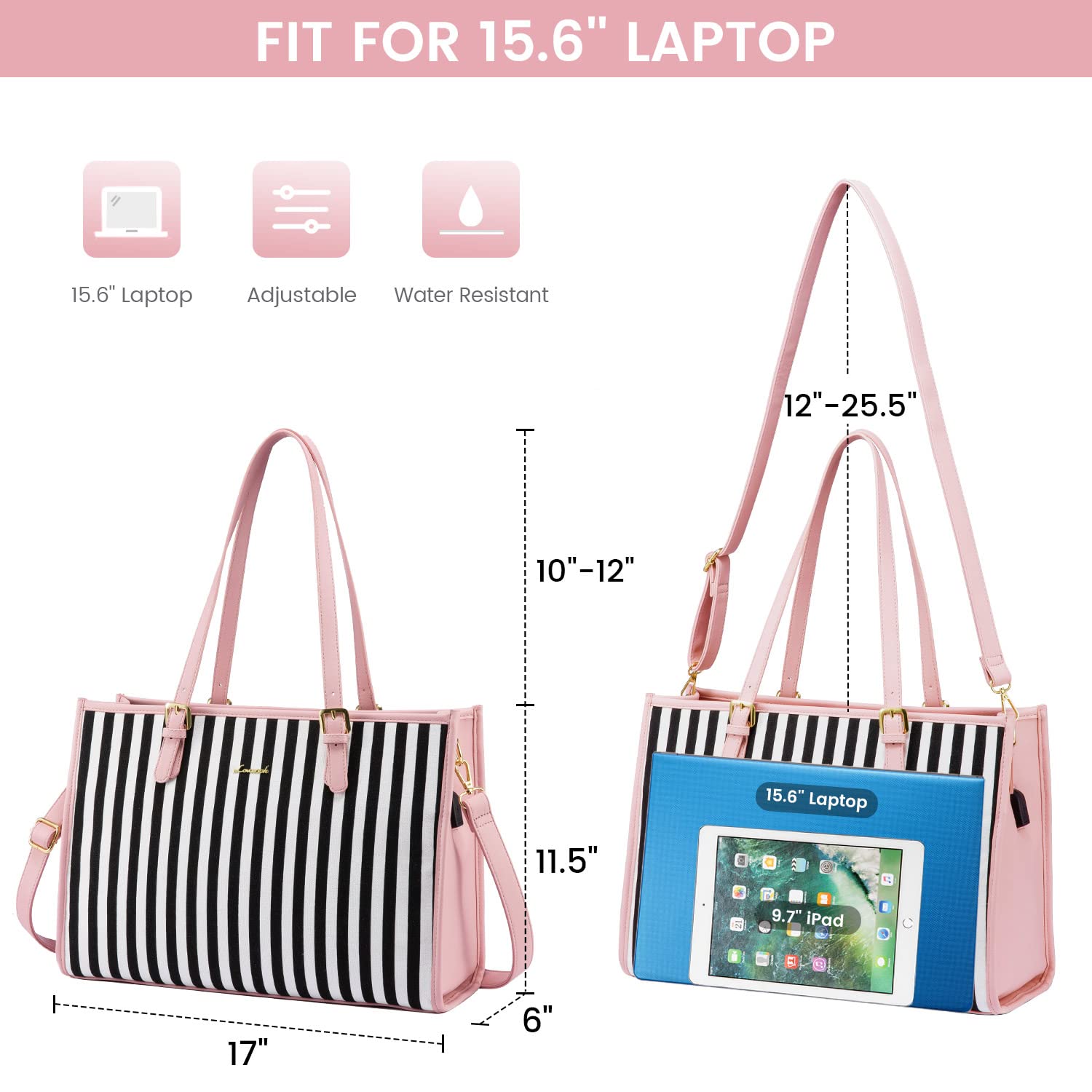 LOVEVOOK Women's Tote Bag - Large Capacity Handbag, Business Briefcase Travel Bag - 2 Pcs Set for 15.6-inch Laptop, Pink-Stripe