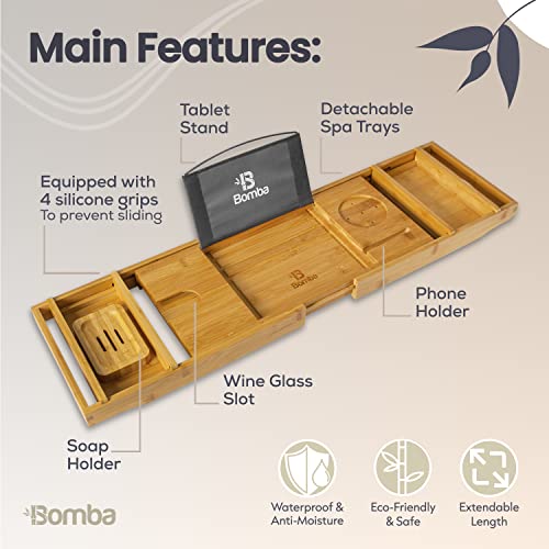 Bomba Bathtub Caddy β Natural Bamboo Bathtub Tray with Soap Holder β Durable Anti-Slip Bathtub Caddy Organizer β Extendable Bathroom Tray β Eco-Friendly and Safe Bamboo Organizer Tray