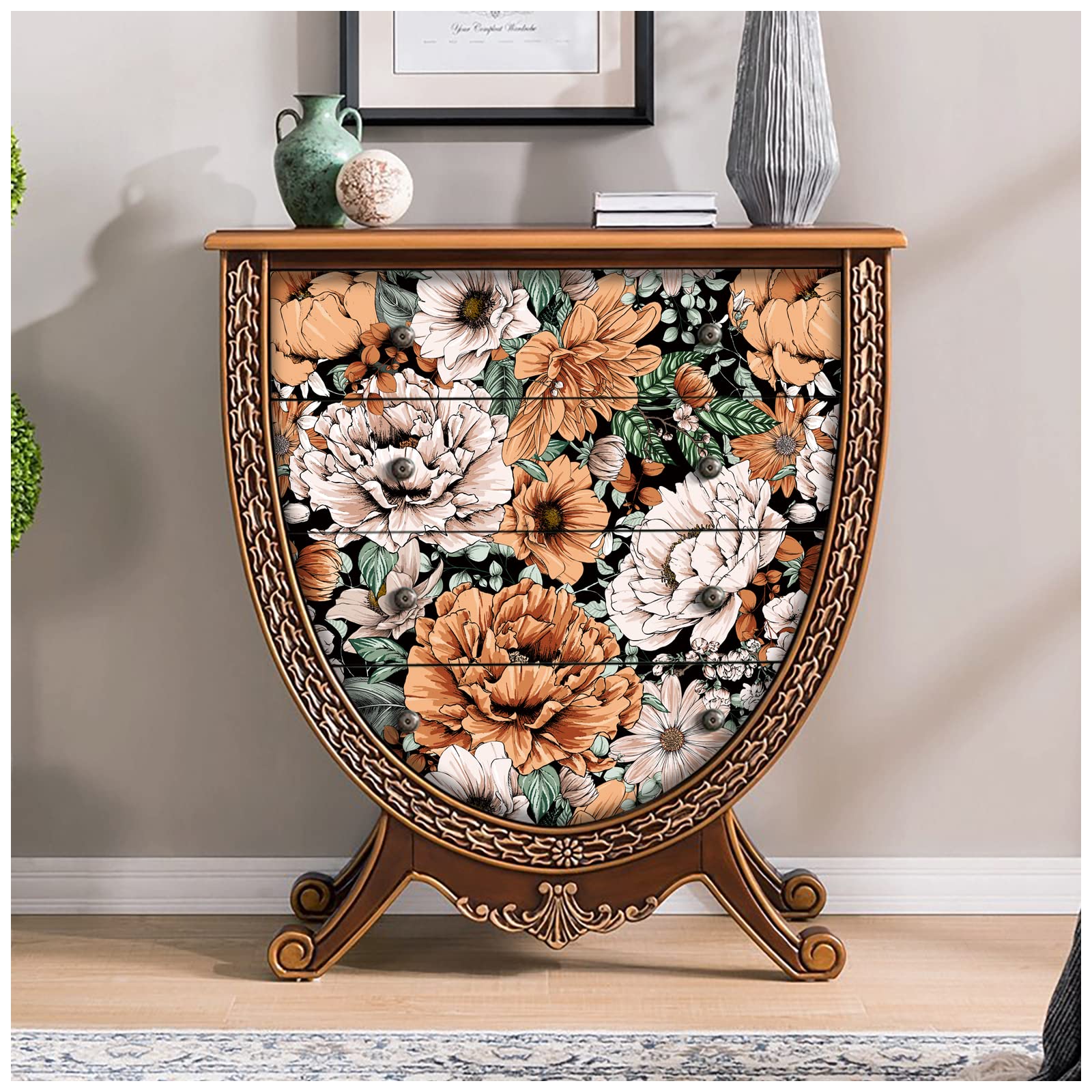 HAOKHOME Vintage Peel and Stick Floral Wallpaper Removable Large Peony Black/Orange/Pink Vinyl Self Adhesive Mural 17.7in x 6.5ft