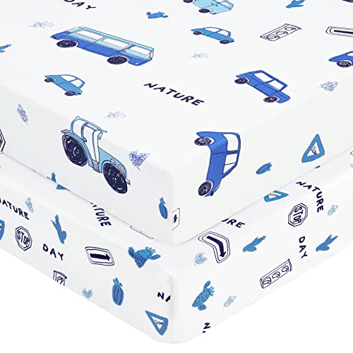 PHF Soft Car Crib Sheet Fitted, 2 Pack Silky Comfy Breathable Baby Sheets for Boys Girls，28x52x9in Fits Standard Crib and Toddler Mattresses, Cars