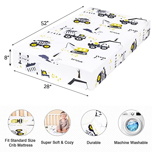 PHF 100% Cotton Crib Sheets Fitted 2 Pack, Soft Breathable Comfortable Baby Sheet Set for Boys Girls, Premium Crib Sheets Fits Standard Crib and Toddler Mattress 28in x 52in, Construction Cars