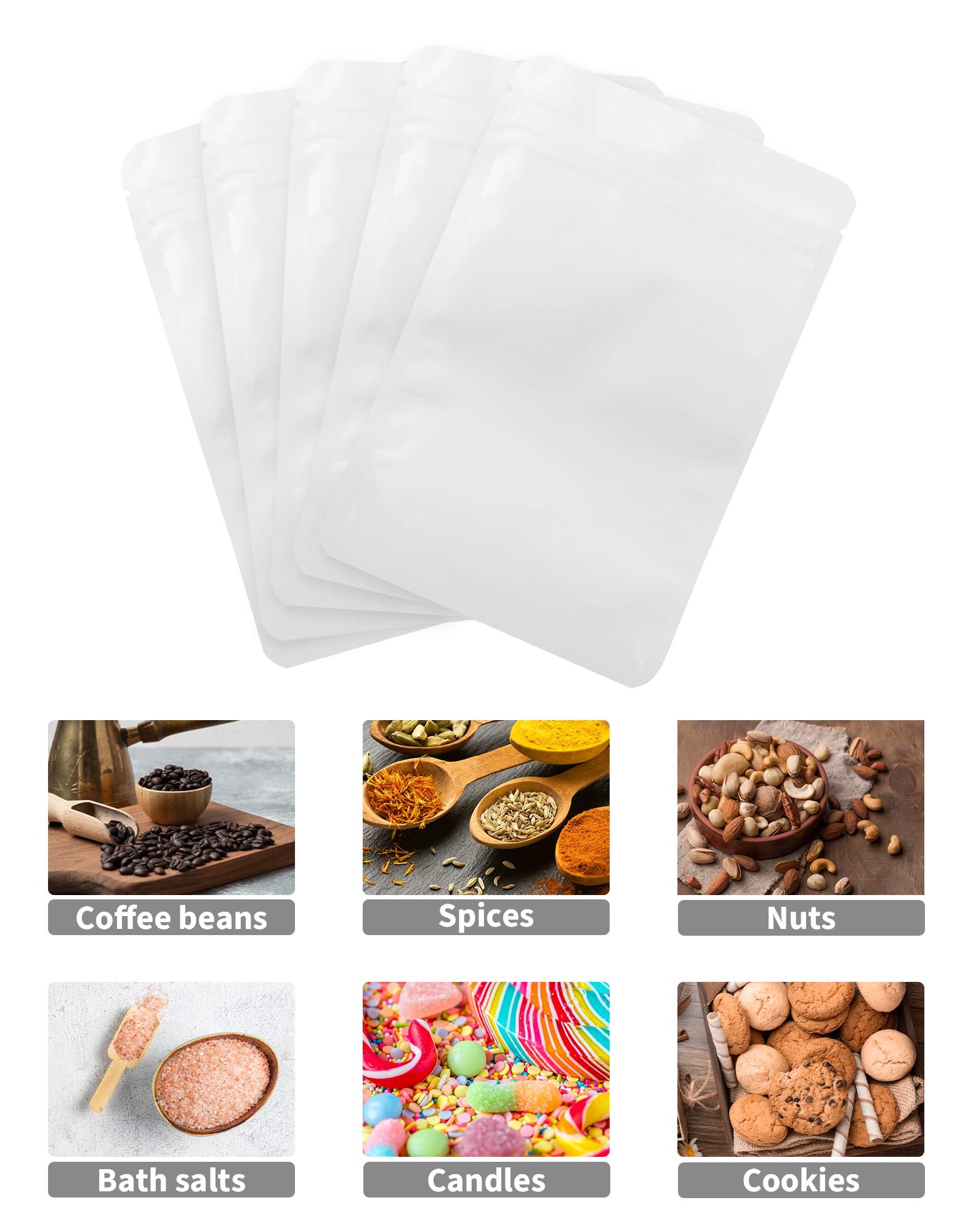 100 Pack Resealable Stand Up Bags,4.7" x 7.9" Smell Proof Pouch Sealable Foil Pouch Bags for Packaging (White)