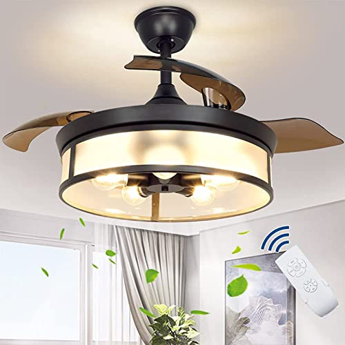 Depuley Industrial Ceiling Fan with Light, 42" Ceiling Fan with Retractable Blades, Vintage Acrylic Chandelier Fan Light Fixtures with Remote for Living Room, Kitchen, Bedroom, 5 E26 Base(No Bulb)