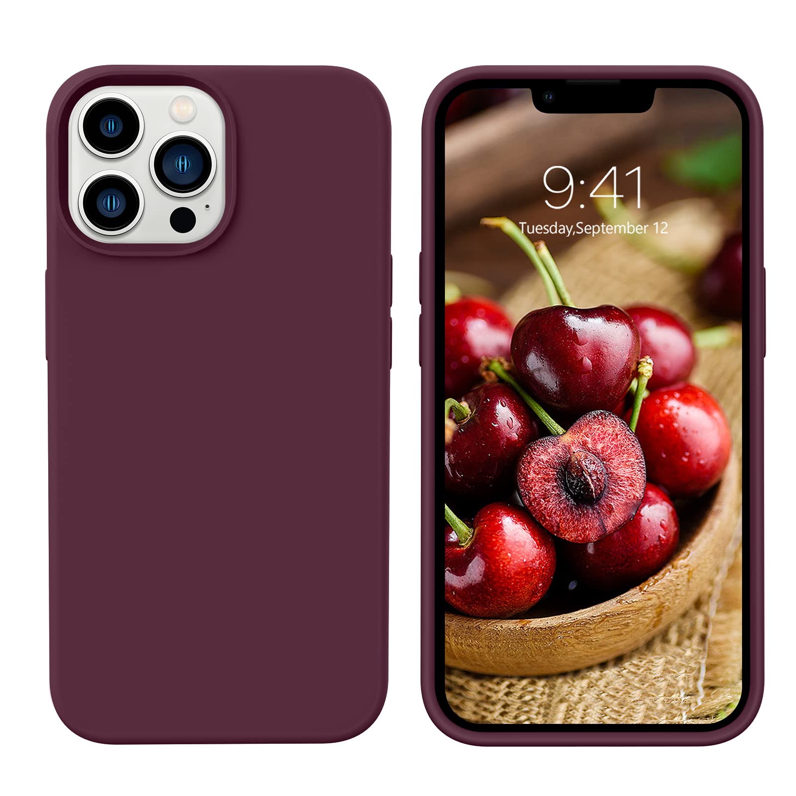 GUAGUA Compatible with iPhone 13 Pro Max Case 6.7 Inch Liquid Silicone Soft Gel Rubber Slim Microfiber Lining Cushion Texture Cover Shockproof Protective Phone Case for iPhone 13 Pro Max, Plum Red