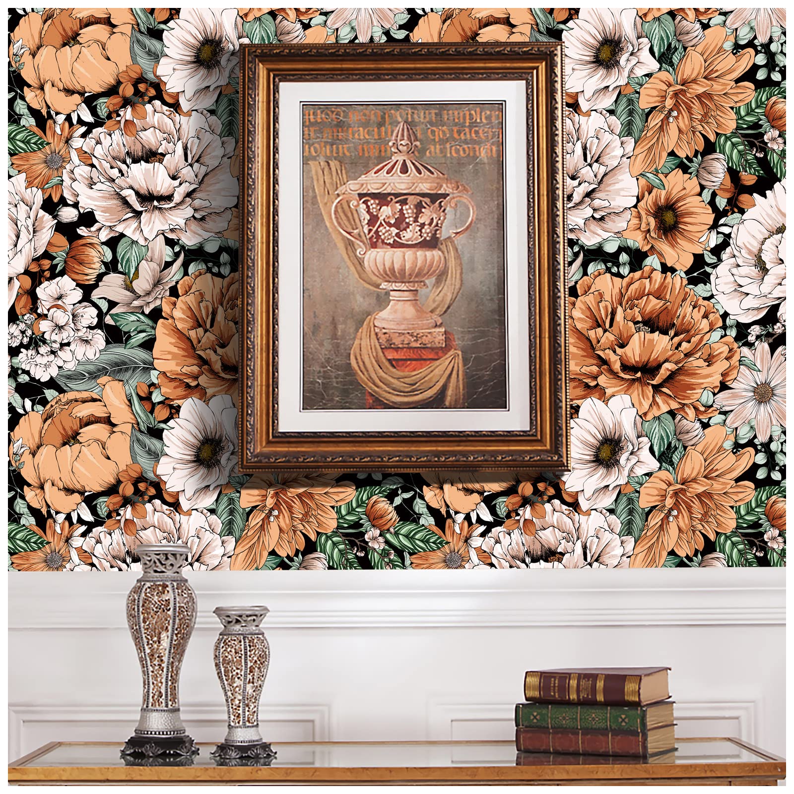 HAOKHOME Vintage Peel and Stick Floral Wallpaper Removable Large Peony Black/Orange/Pink Vinyl Self Adhesive Mural 17.7in x 6.5ft