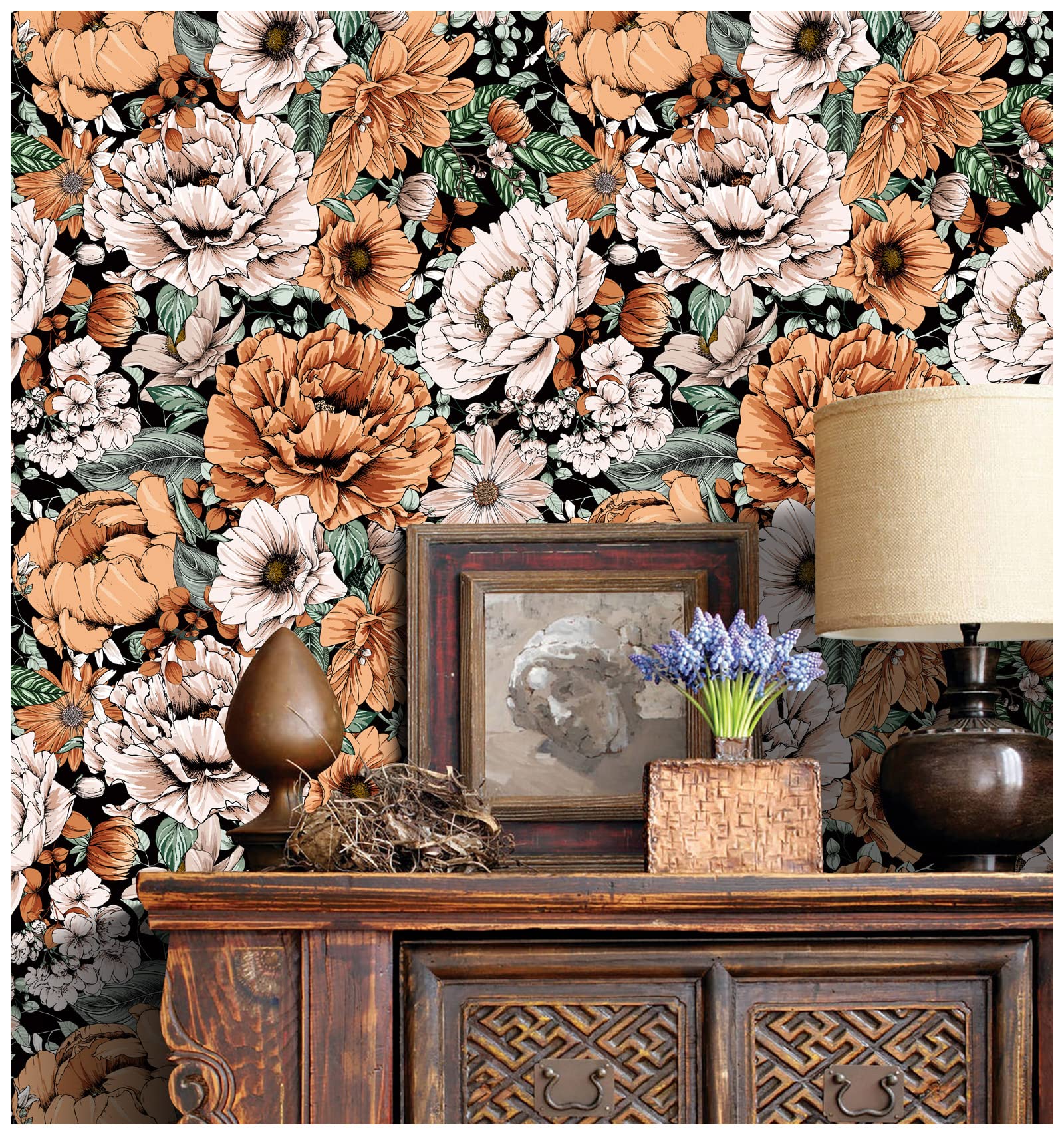 HAOKHOME Vintage Peel and Stick Floral Wallpaper Removable Large Peony Black/Orange/Pink Vinyl Self Adhesive Mural 17.7in x 6.5ft