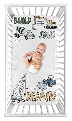 Sweet Jojo Designs Construction Truck Boy Fitted Crib Sheet Baby or Toddler Bed Nursery Photo Op - Grey Yellow Black Blue and Green Transportation Chevron Arrow