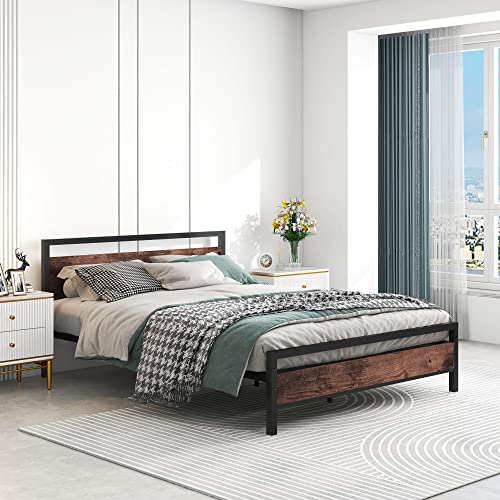 JURMERRY Queen Size Metal Platform Bed Frame with Wooden Headboard and Footboard Heavy Duty Steel Support, Mattress Foundation, No Box Spring Needed, Easy Assembly, Black RB