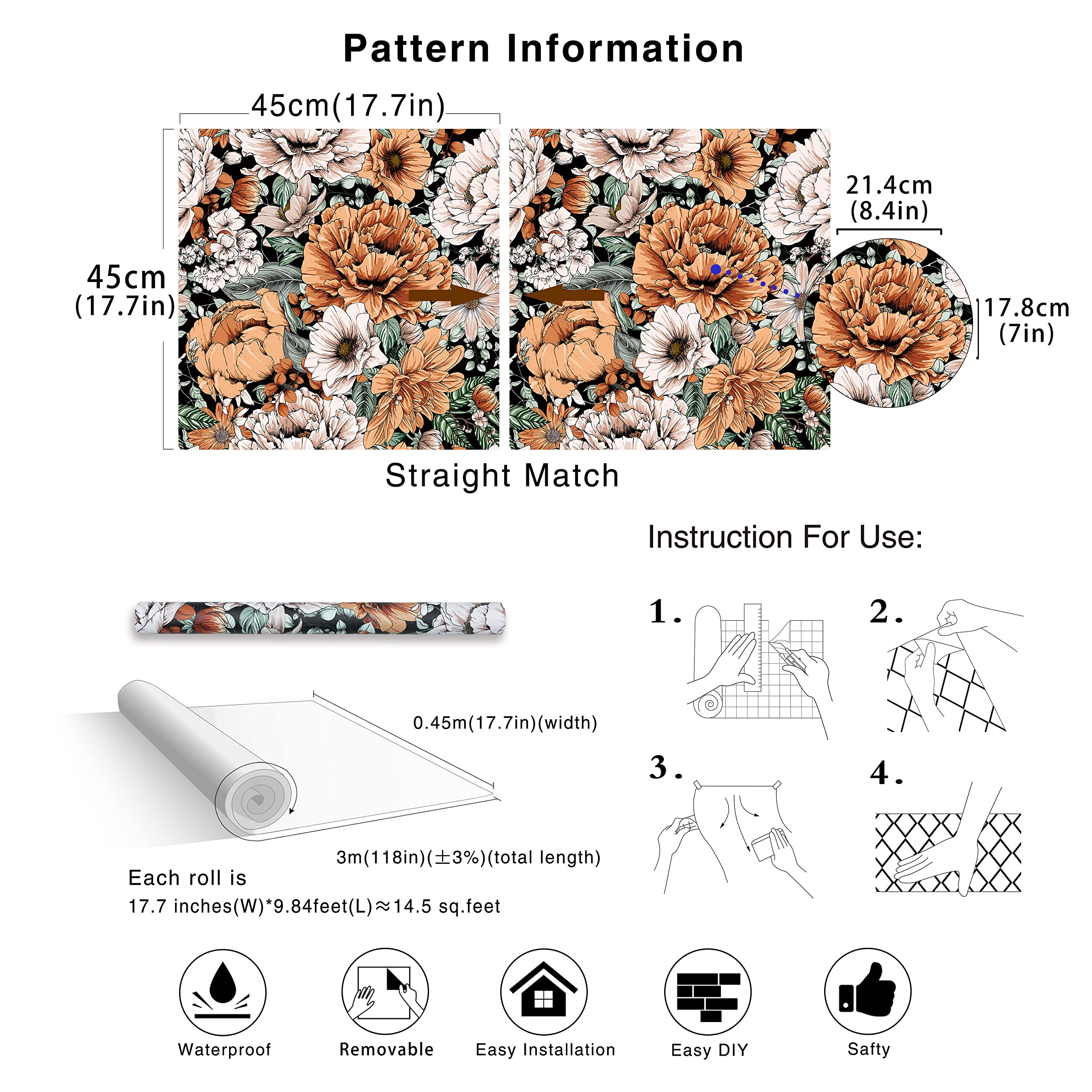HAOKHOME Vintage Peel and Stick Floral Wallpaper Removable Large Peony Black/Orange/Pink Vinyl Self Adhesive Mural 17.7in x 6.5ft