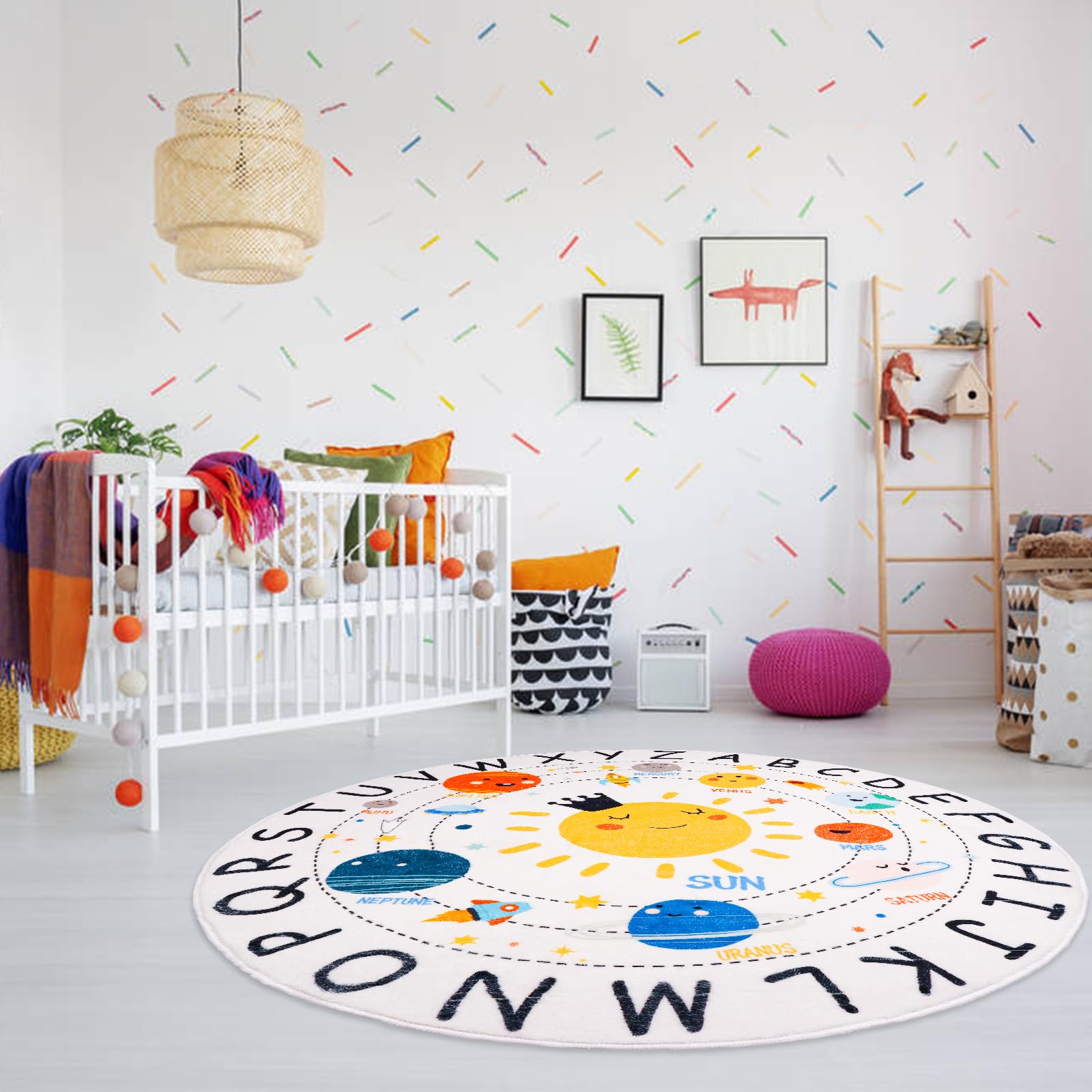 LTKOUGFAM ABC Kids Rug,4 ft Washable Nursery Rug,Soft Plush Educational Circle Rug,Non-Slip Solar System Alphabet Rug for Classroom playroom Bedroom Kids Room Decor