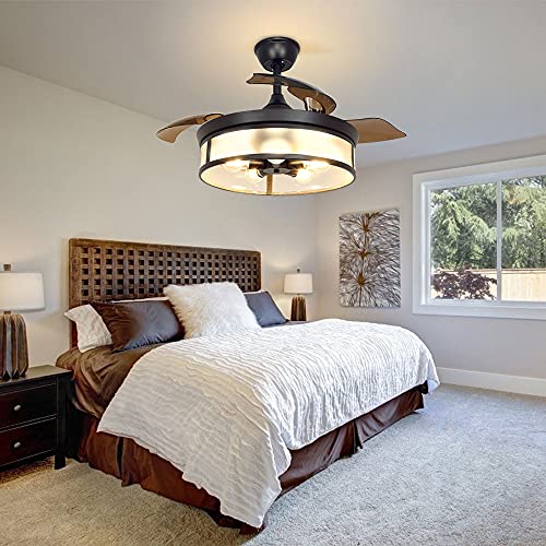Depuley Industrial Ceiling Fan with Light, 42" Ceiling Fan with Retractable Blades, Vintage Acrylic Chandelier Fan Light Fixtures with Remote for Living Room, Kitchen, Bedroom, 5 E26 Base(No Bulb)