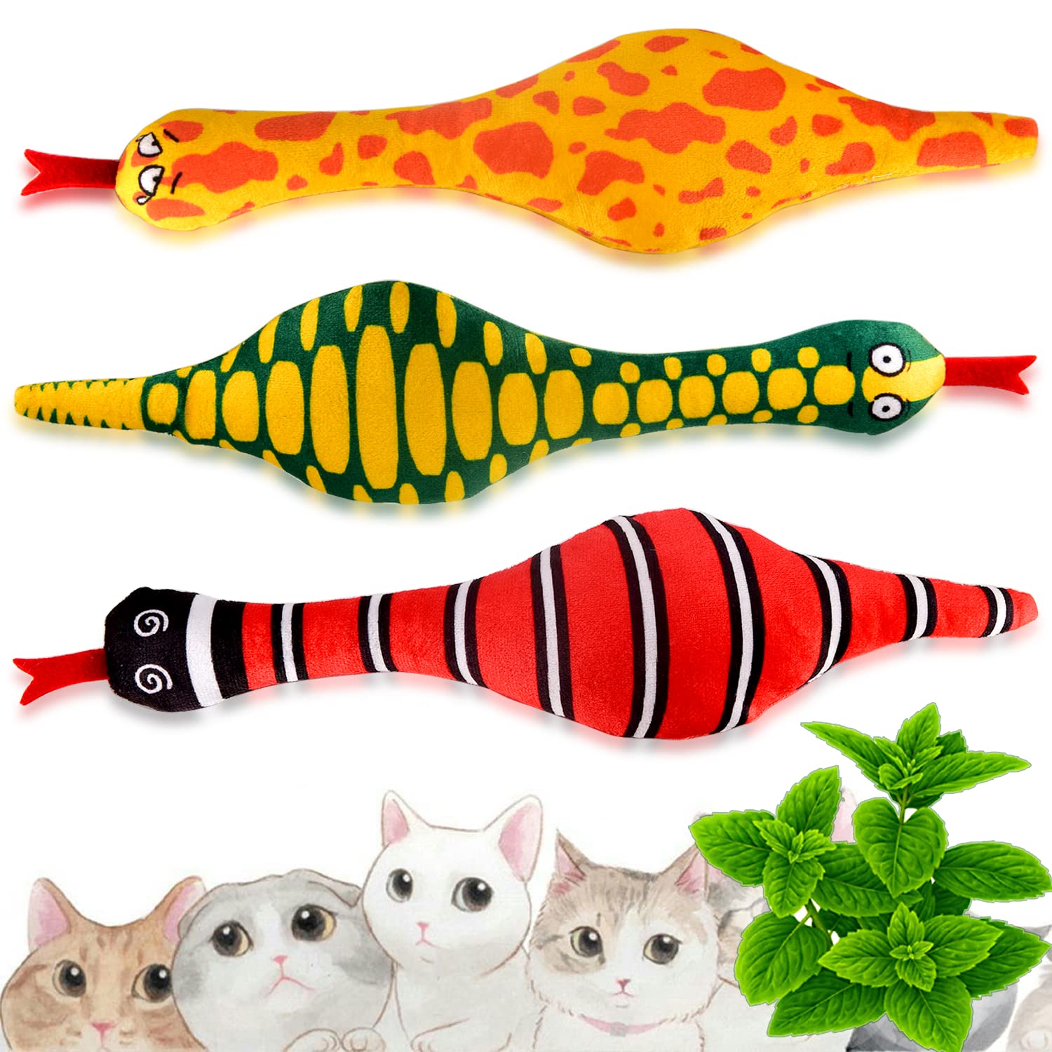RUNLY Large Catnip Cat Toys 3PCS, Flipper Flopper Cat Toy Perfectly Caters Cat's Natural Instinct to “Rabbit Kick”, Cat Toys with Catnip for Indoor Cats, Cute Cat Toys with Well-fed Snake Shape