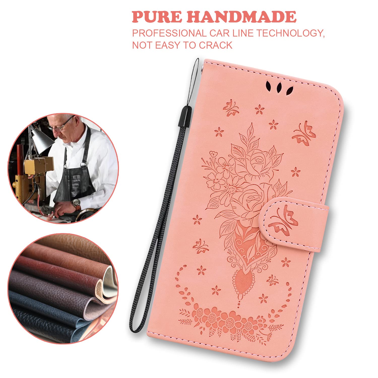 ONV Flip Case Compatible with Samsung Galaxy S9 Plus - Rose Butterfly Embossed Phone Case with Card Holder Lanyard Stand Case Leather Magnetic Wallet Cover for Samsung Galaxy S9 Plus [XT] -Pink